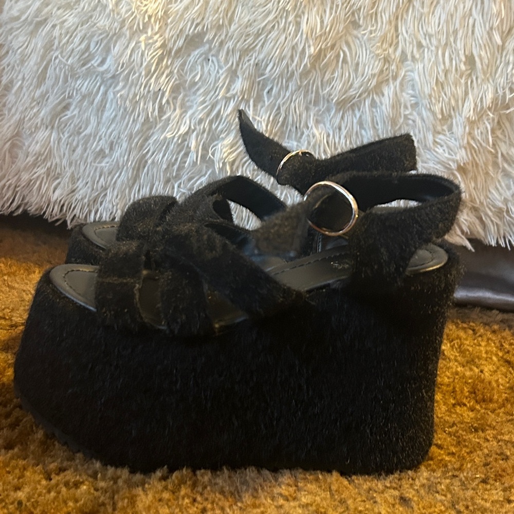 Black Fuzzy Platform Wedge - Gem